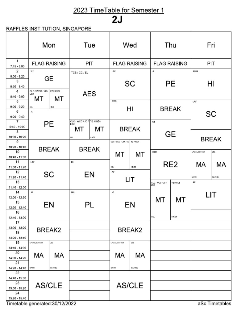 2023 S1 2J Timetable | PDF