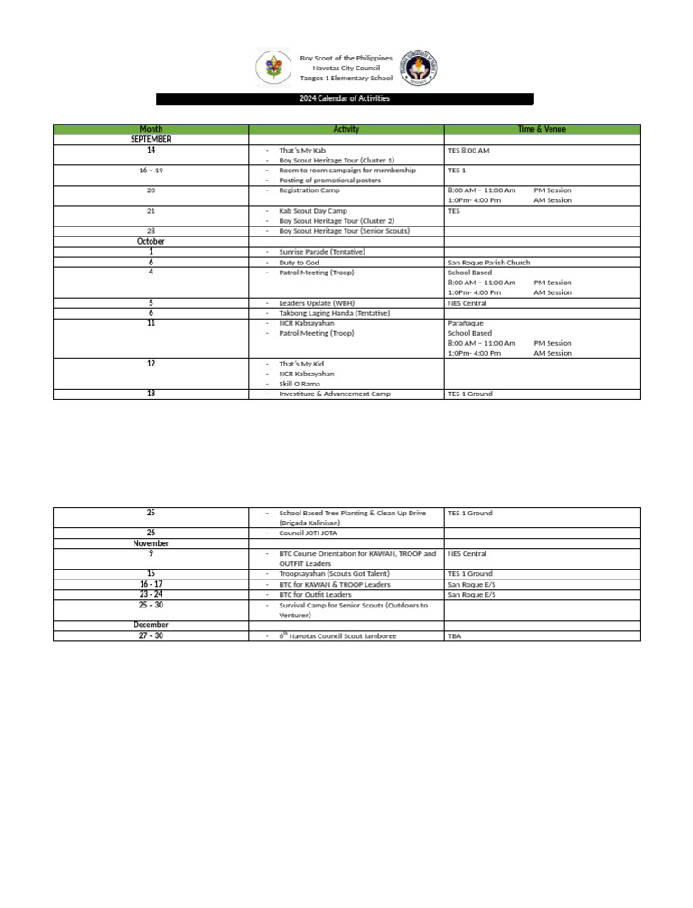 2024 BSP Calendar of Activities | PDF | Scouting | Boy Scouts Of America