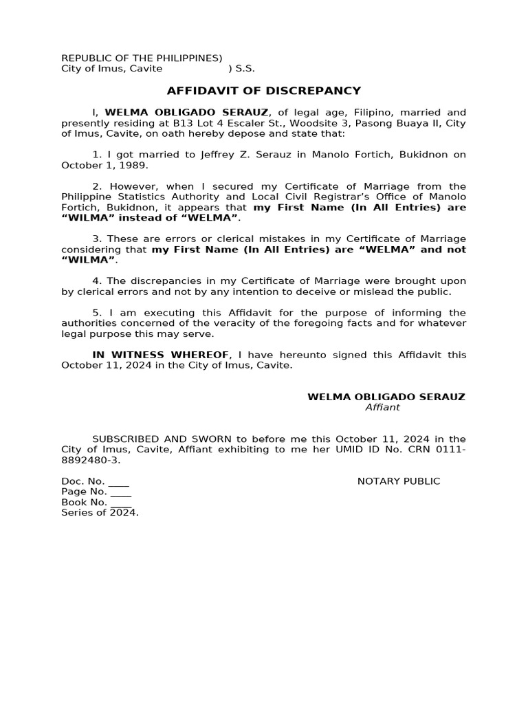 Affidavit of Discrepancy COM Serauz | PDF