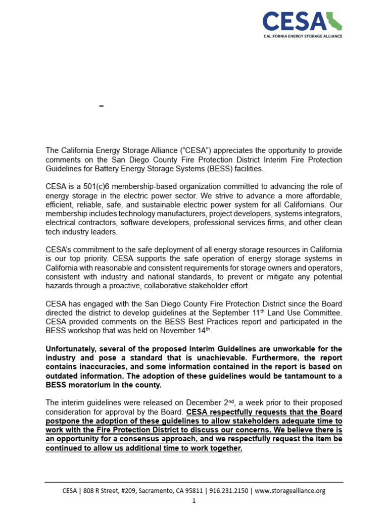 CESA San Diego BESS Interim Guidelines Comments 12 06 24 - FINAL | PDF | Fire Safety | Safety