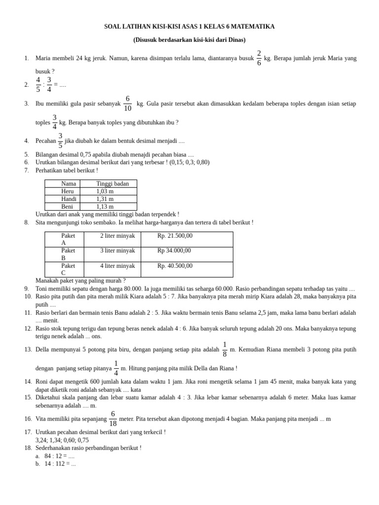 Soal Latihan Kisi-Kisi ASAS 1 Kelas 6 Matematika | PDF