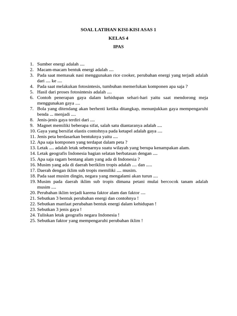 Soal Latihan Kisi-Kisi ASAS 1 Kelas 4 IPAS | PDF
