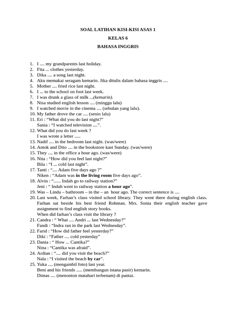 Soal Latihan Kisi-Kisi ASAS 1 Kelas 6 Bhs Inggris | PDF
