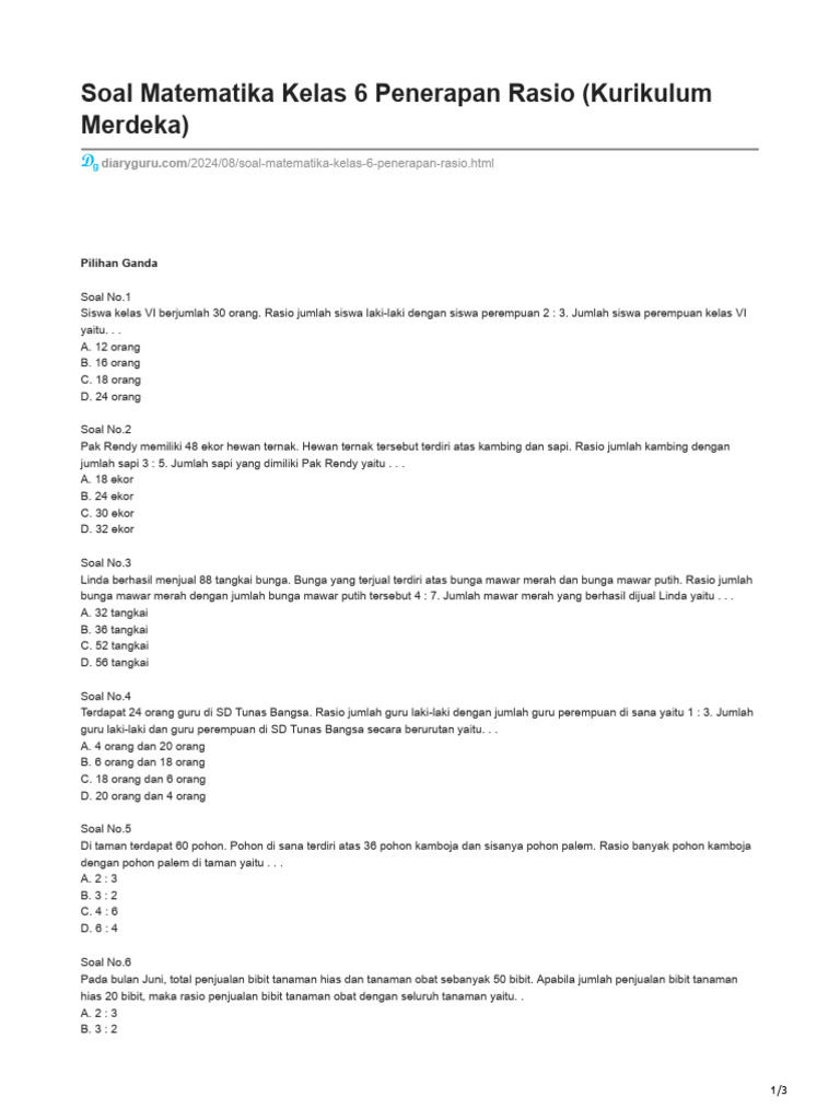 Soal Matematika Kelas 6 Penerapan Rasio Kurikulum Merdeka | PDF