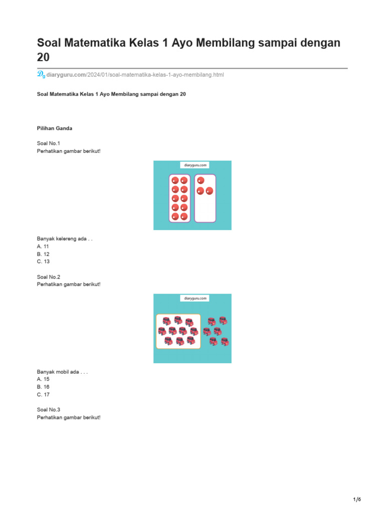 Soal Matematika Kelas 1 Ayo Membilang Sampai Dengan 20 | PDF