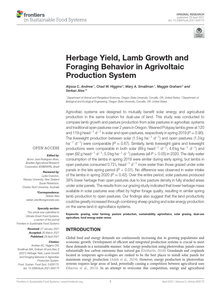 Agrivoltaic - Herbage Yield, Lamb Growth and Foraging Behavior | PDF ...