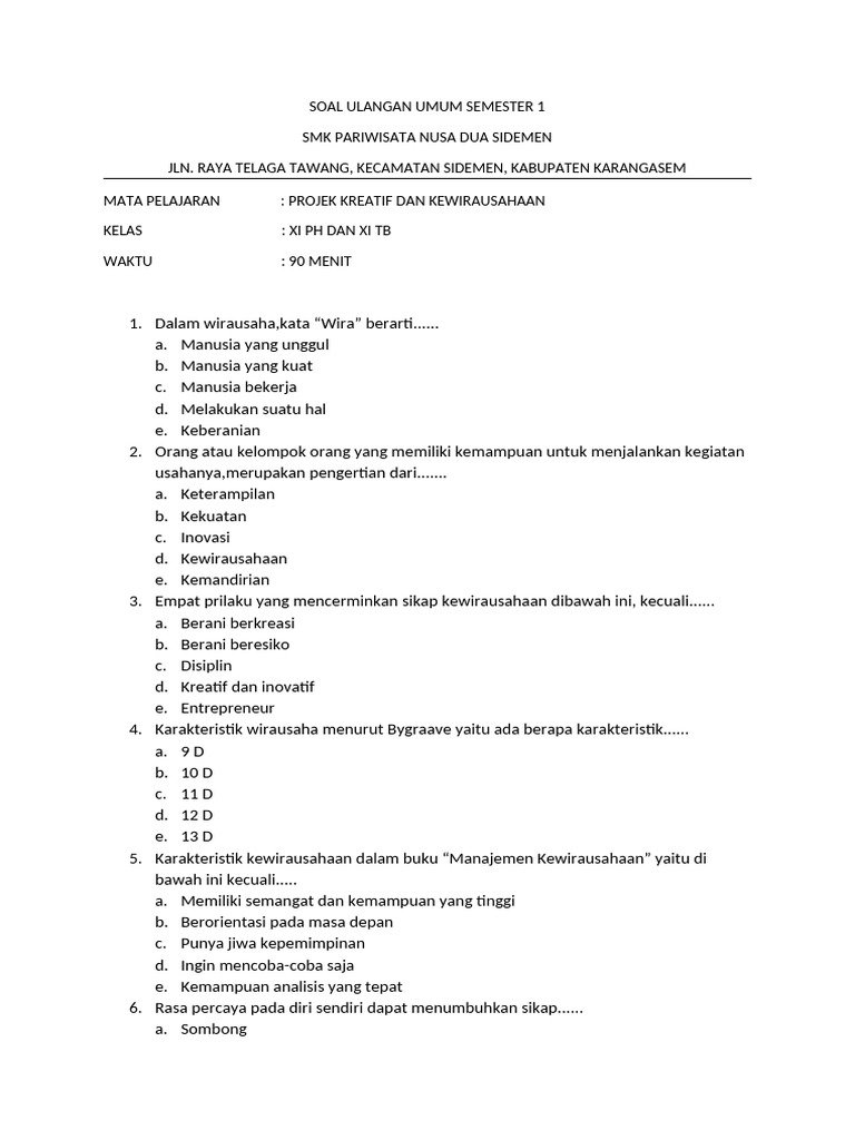 Soal Ulangan Umum Semester 1 Xi PH Dan Xi TB 2 | PDF