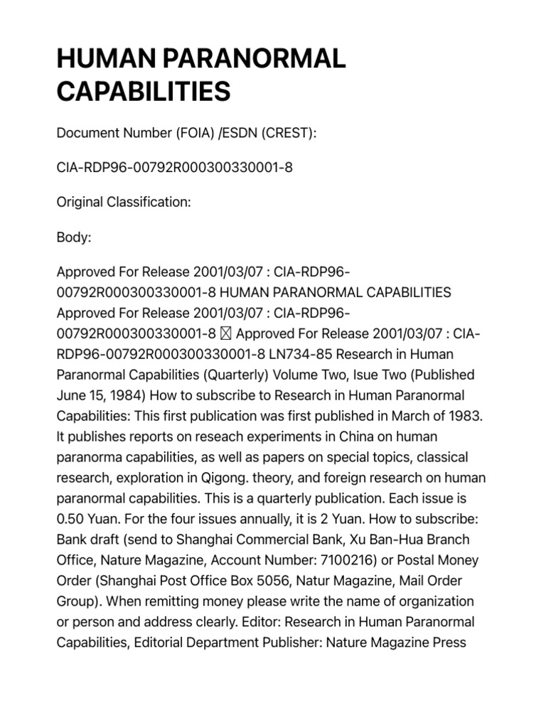 HUMAN PARANORMAL CAPABILITIES - CIA FOIA (Foia - Cia.gov) | PDF ...