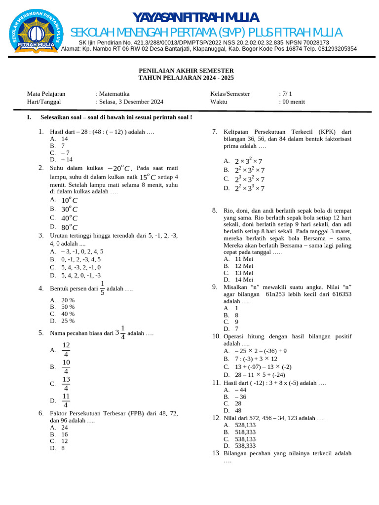 Soal Sas Kelas 7 MTK 2024 PKBM | PDF