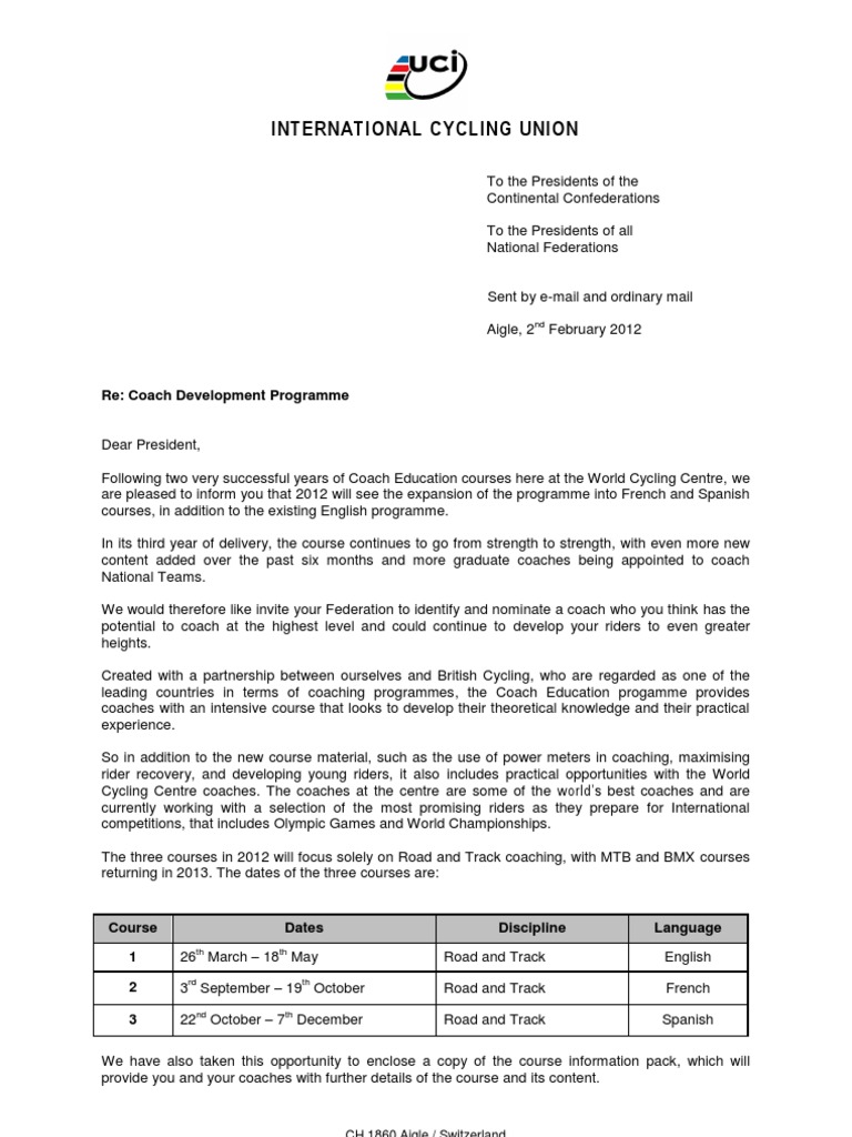 Coach Development Programme Letter | PDF | Sports