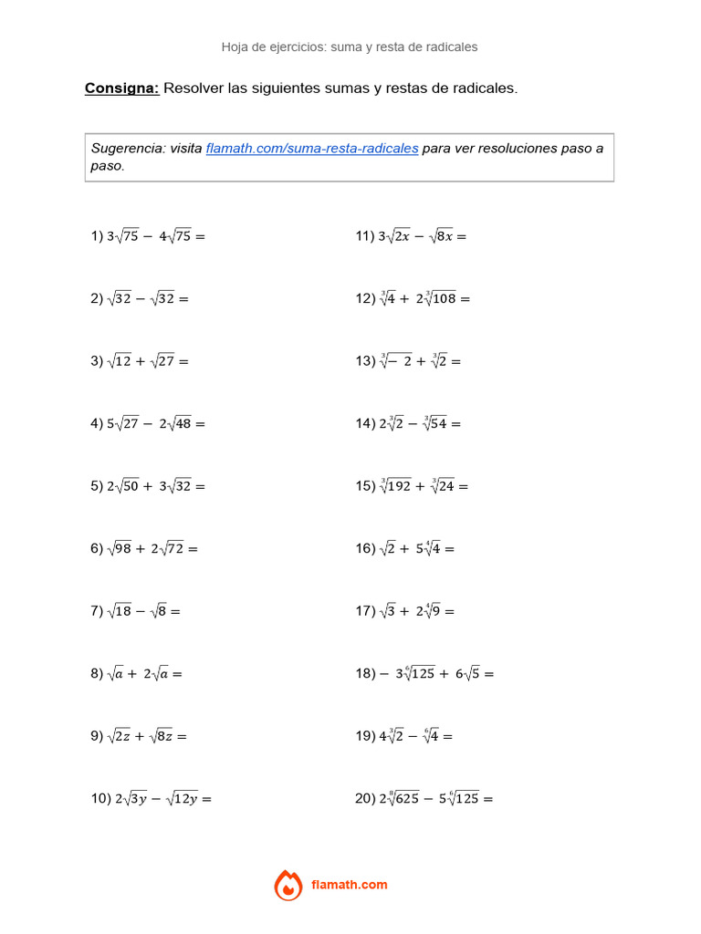 Hojas de Ejercicios Suma y Resta de Radicales | PDF