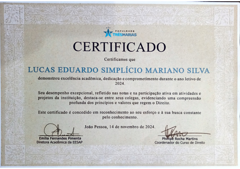 Certificado Melhor Aluno 2024 FTM - Lucas | PDF