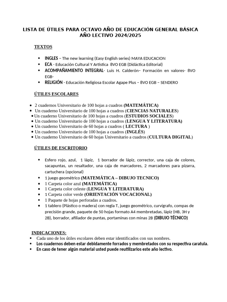 LISTA DE ÚTILES ESCOLARES BASICA SUPERIOR_2024 - 2025 | PDF | Lápiz ...