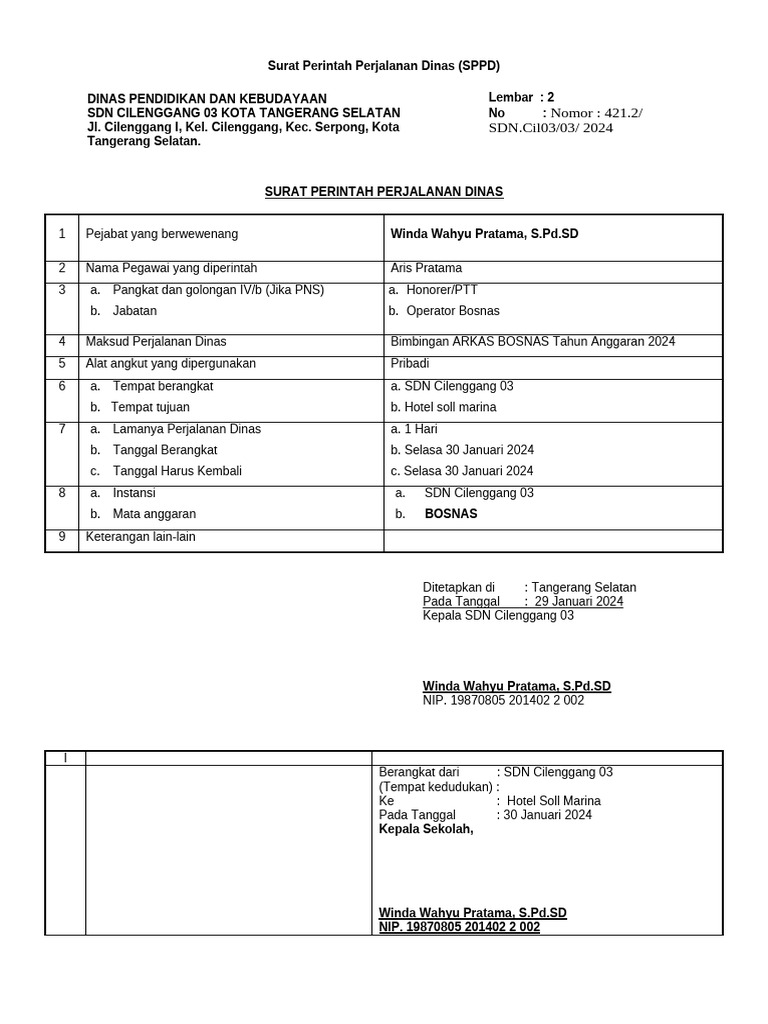 Format-SPPD-Surat-Perintah-Perjalanan-Dinas-Sekolah[1] | PDF