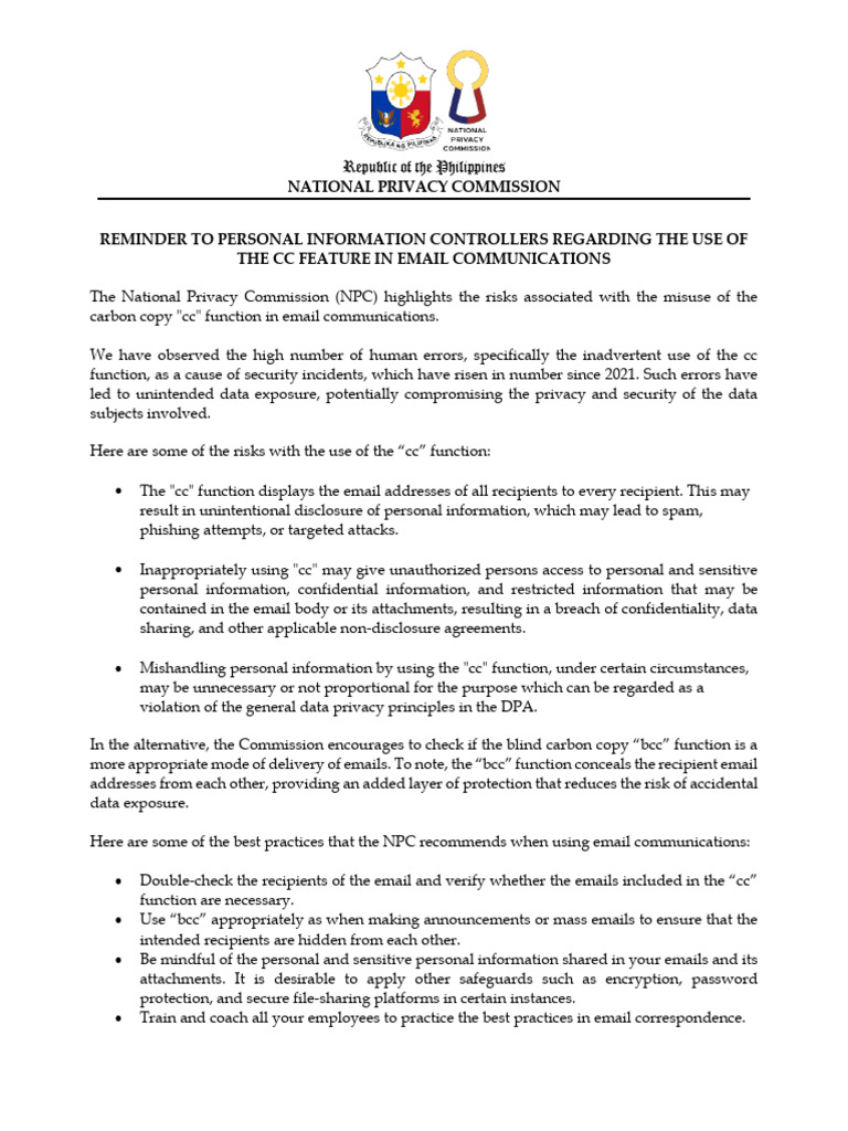 NPC Reminder - CC Feature in Email | PDF | Privacy | Security