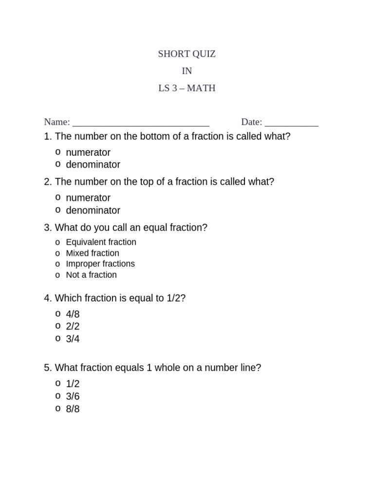 LS 3 Math Quiz on Fractions | PDF
