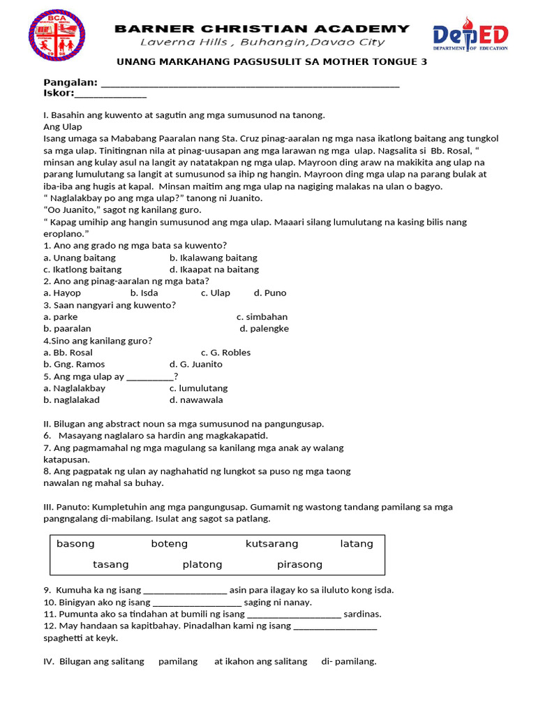 1st PERIODICAL TEST ALL SUBJECTS-TOS GRADE 3 | PDF