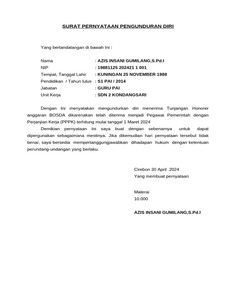 Surat Pernyataan Pengunduran Diri | PDF