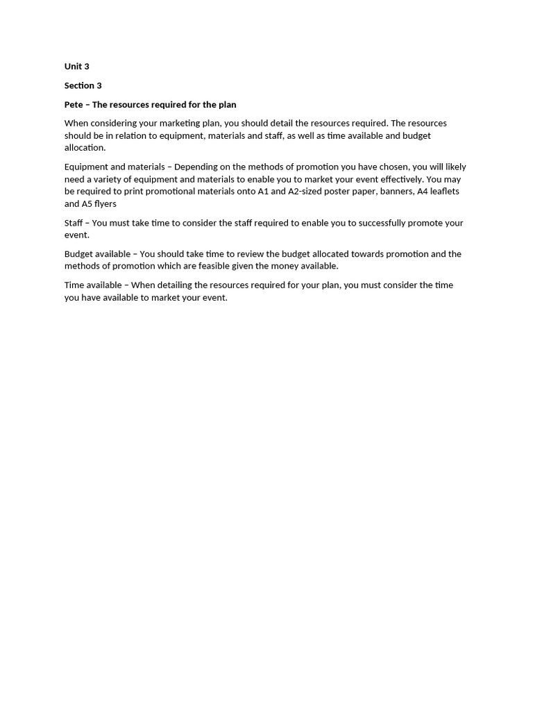 Unit 3 - Section 3 - Pete - The Resources Required For The Plan | PDF