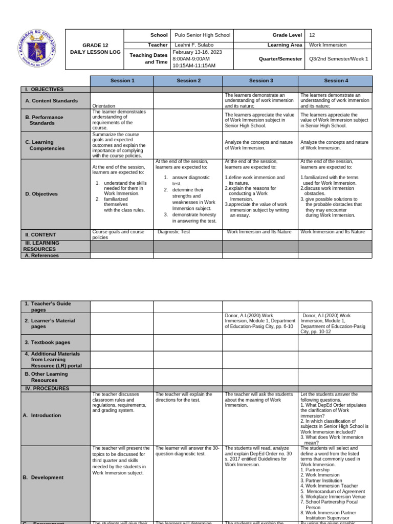 DLL-Q3 Work Immersion - WK 1 | PDF | Learning | Teachers