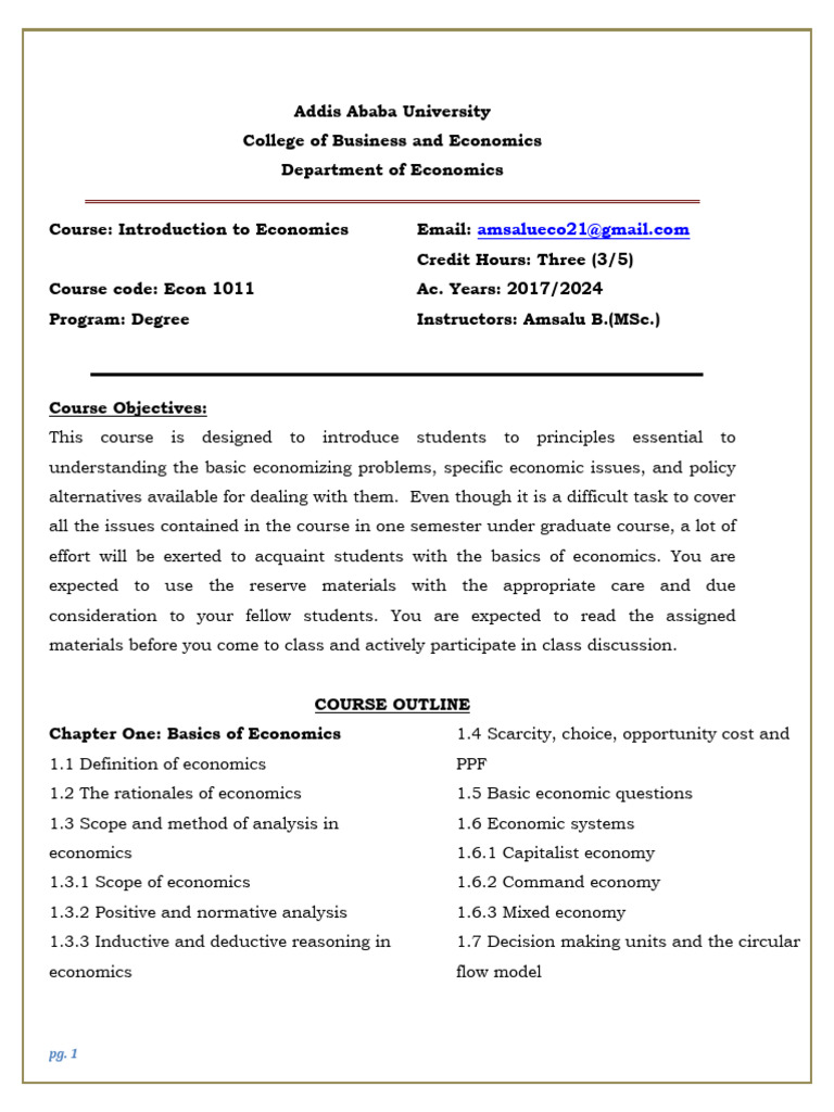 Introduction To Economics Course Outline Pdf Economics Macroeconomics