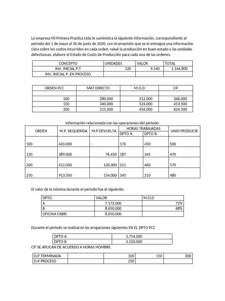 Enunciado Ejercicios Ejemplo Estados de Costo | PDF