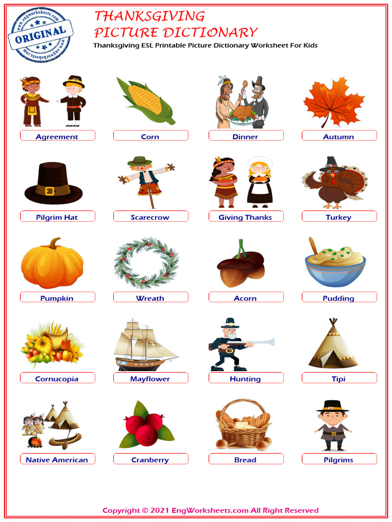 thanksgiving-esl-printable-picture-dictionary-worksheet-for-kids-6056 | PDF