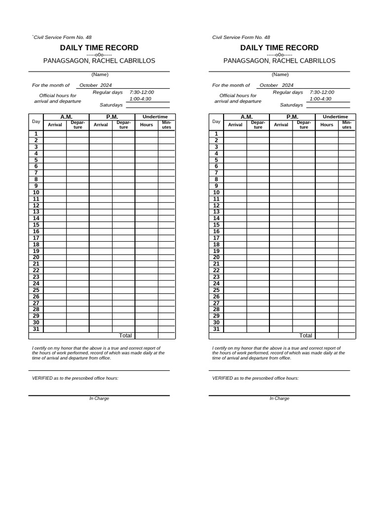 Appendix 24 - Daily Time Record (DTR) (2) Panagsagon | PDF