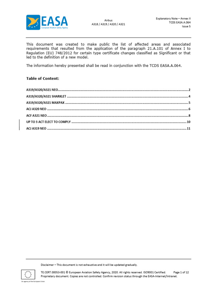 Explanatory Note TCDS EASA.A.064 Airbus A318 A319 A320 A321 ANNEX II Iss 5 | PDF | Aviation | Airbus