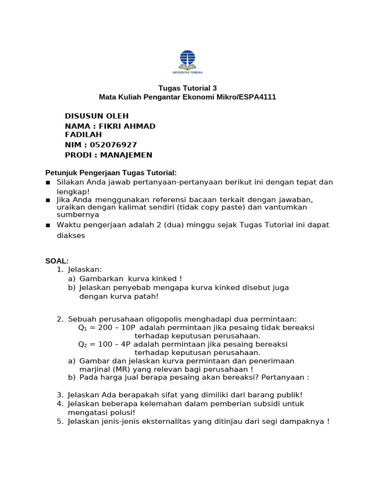 Tuton 3 Pengantar Ekonomi Mikro | PDF