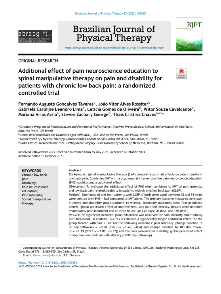 Additional Effect of Pain Neuroscience Education To Spinal Manipulative ...