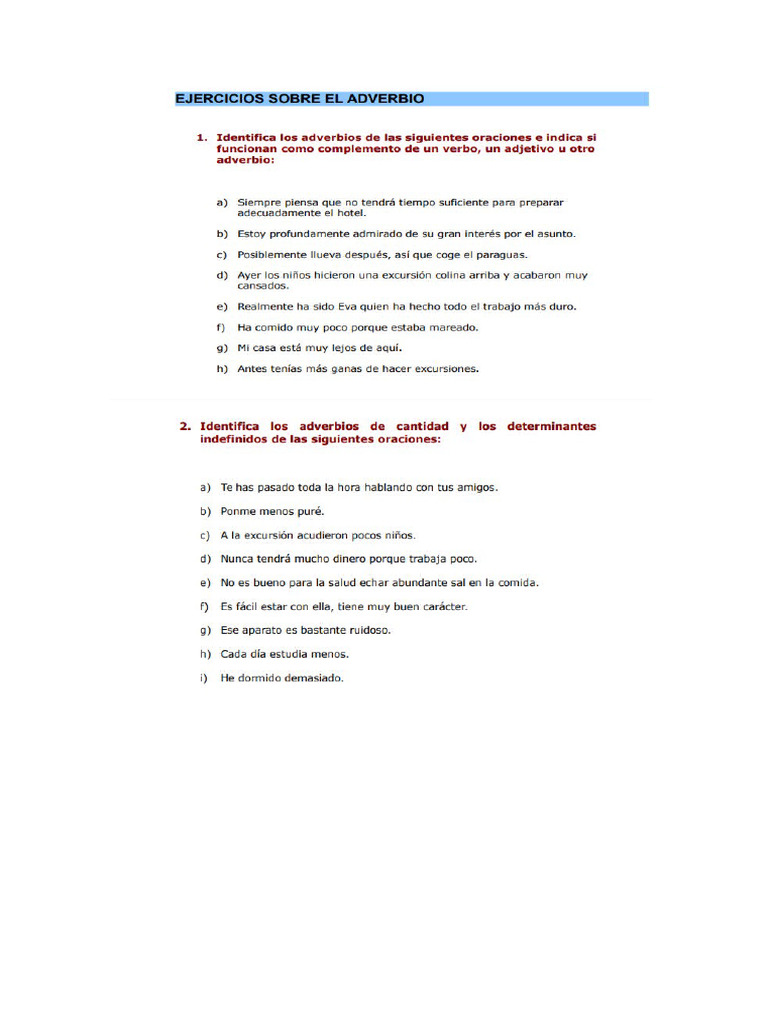Ejercicios Del Adverbio | PDF