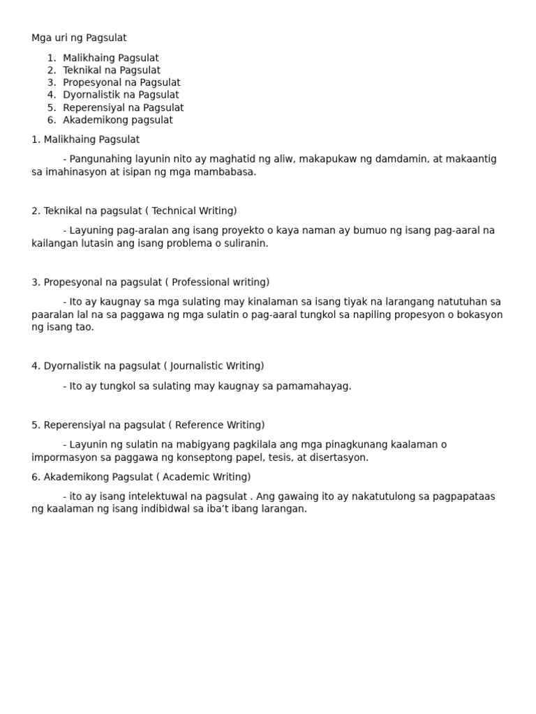 Mga uri ng Pagsulat | PDF