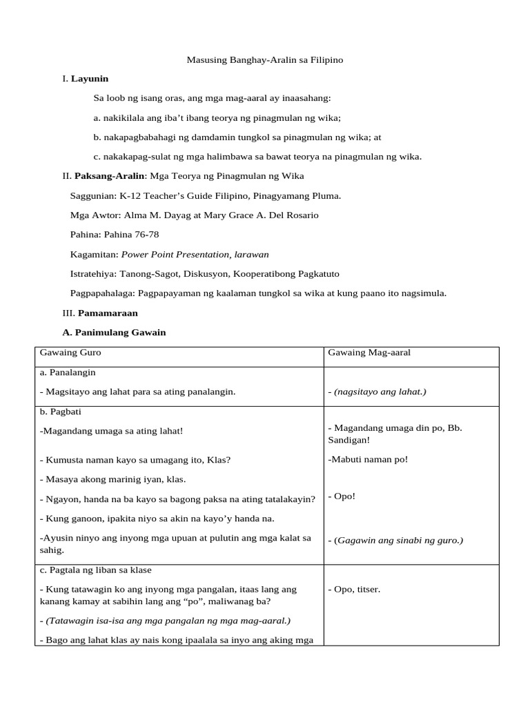 Detalyadong Banghay Aralin Sa Filipino | PDF