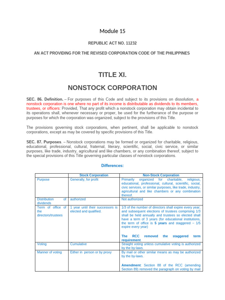 Nonstock Corporation Code Overview | PDF | Stocks | Corporations