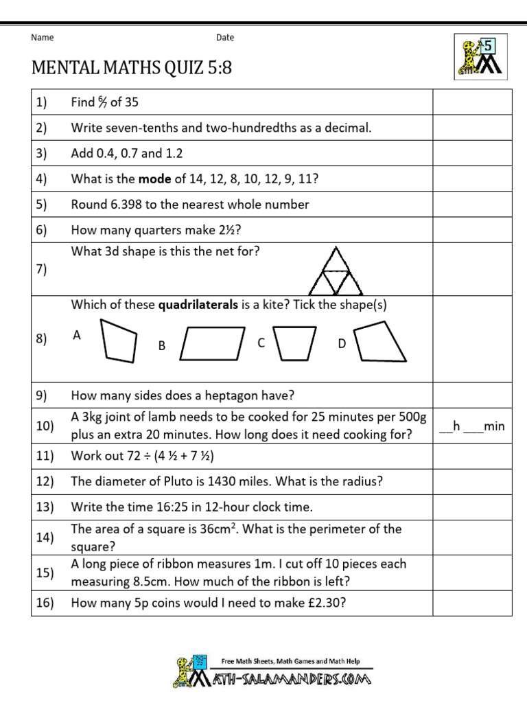 MENTAL MATHS QUIZ | PDF | Area | Numbers