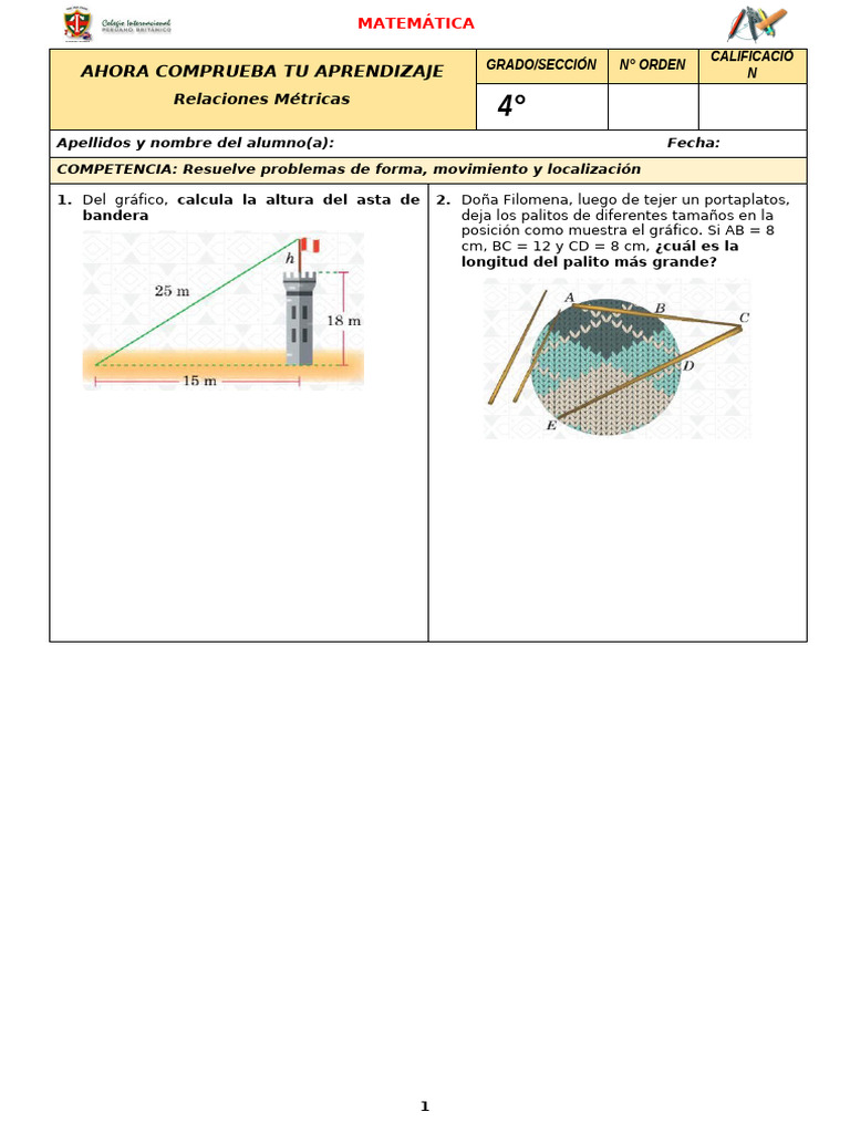 4 Comprobando Aprendizajes Relaciones Metricas (Bendiciones) | PDF
