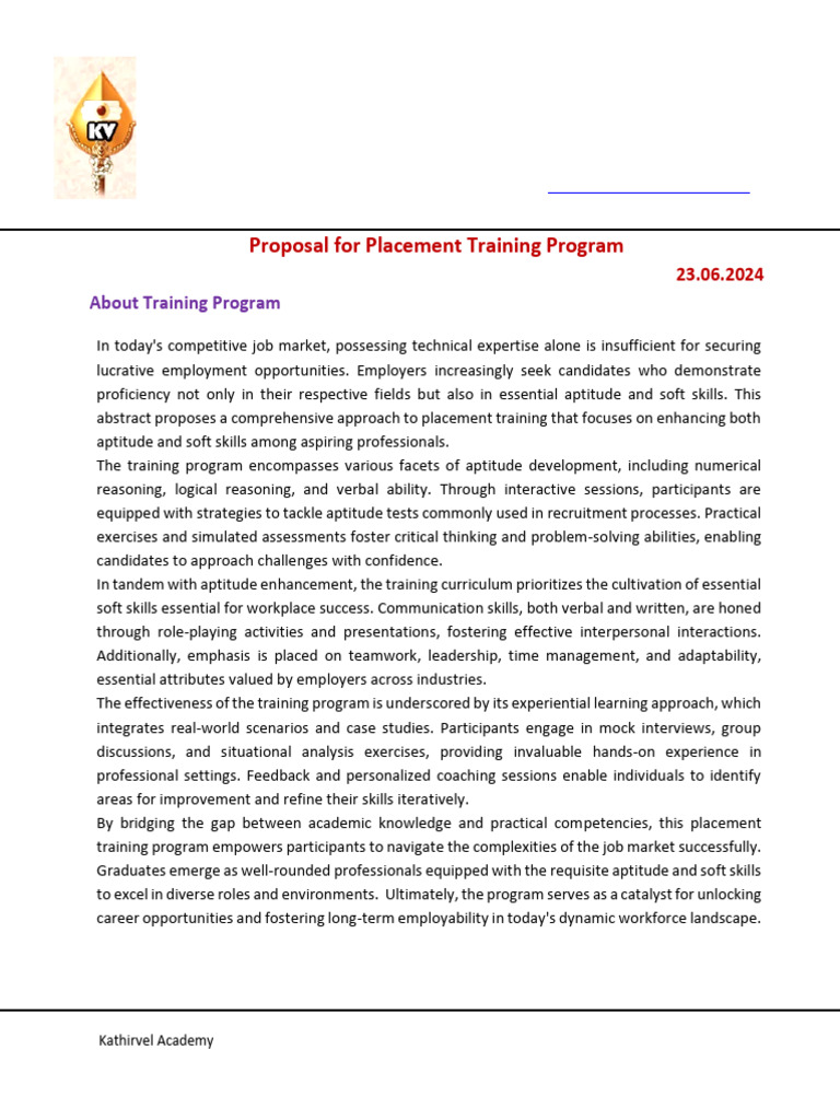 Kathirvel Academy Placement Training Proposal | PDF | Skill | Critical ...