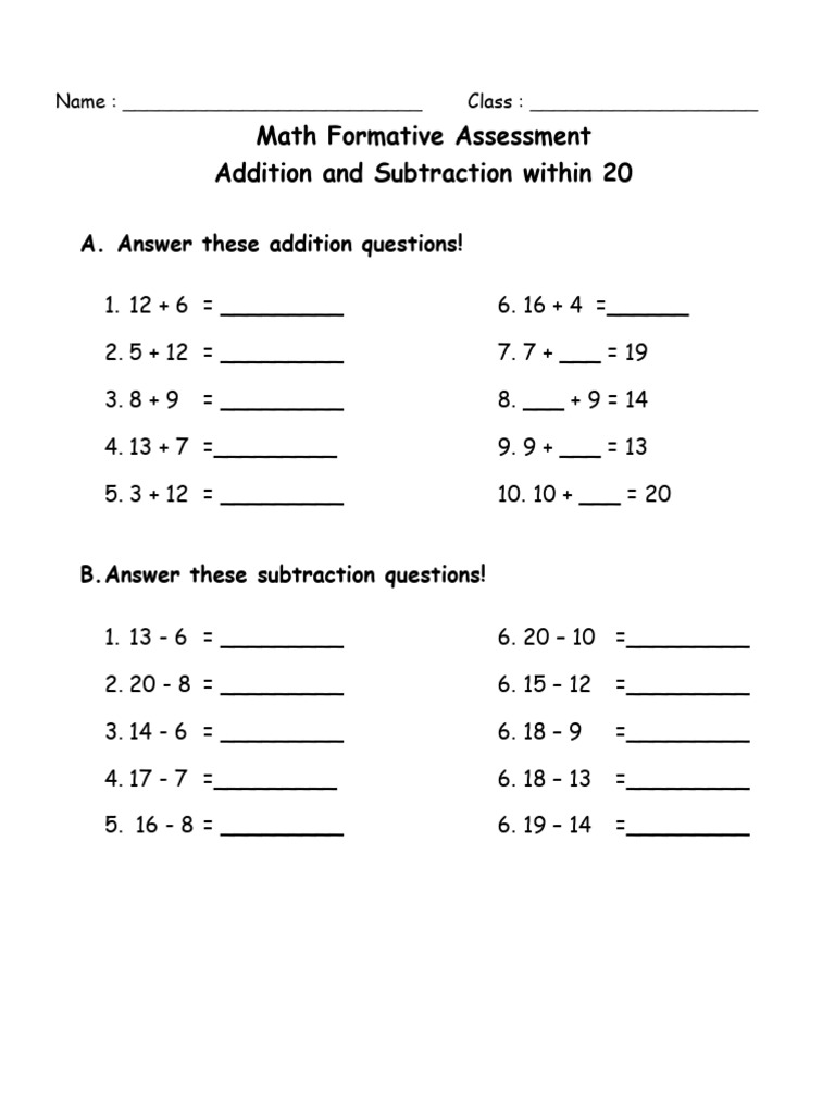 Assesment Addition Subtraction 20 | PDF