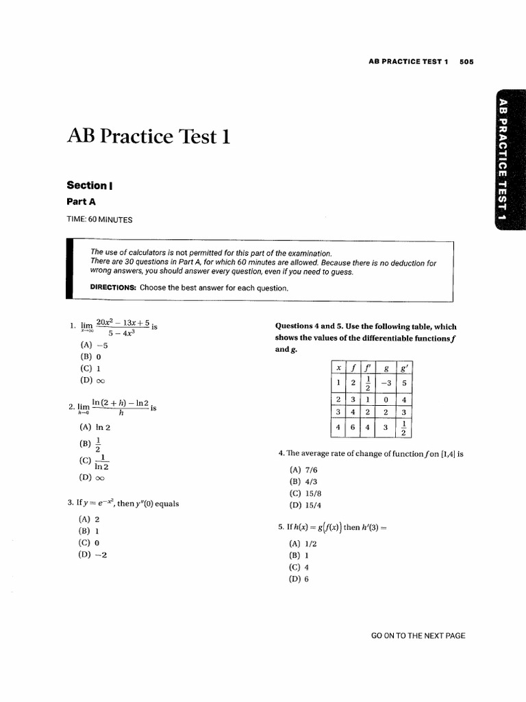 AP Calculus - Barron 2024 - MCQ and FRQ Practice Test 1 | PDF