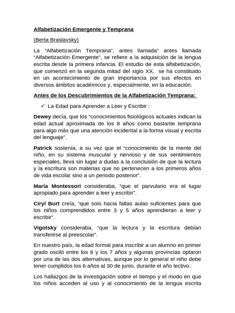Alfabetización Emergente y Temprana Resumen Del Nivel Inicial (Jardin ...