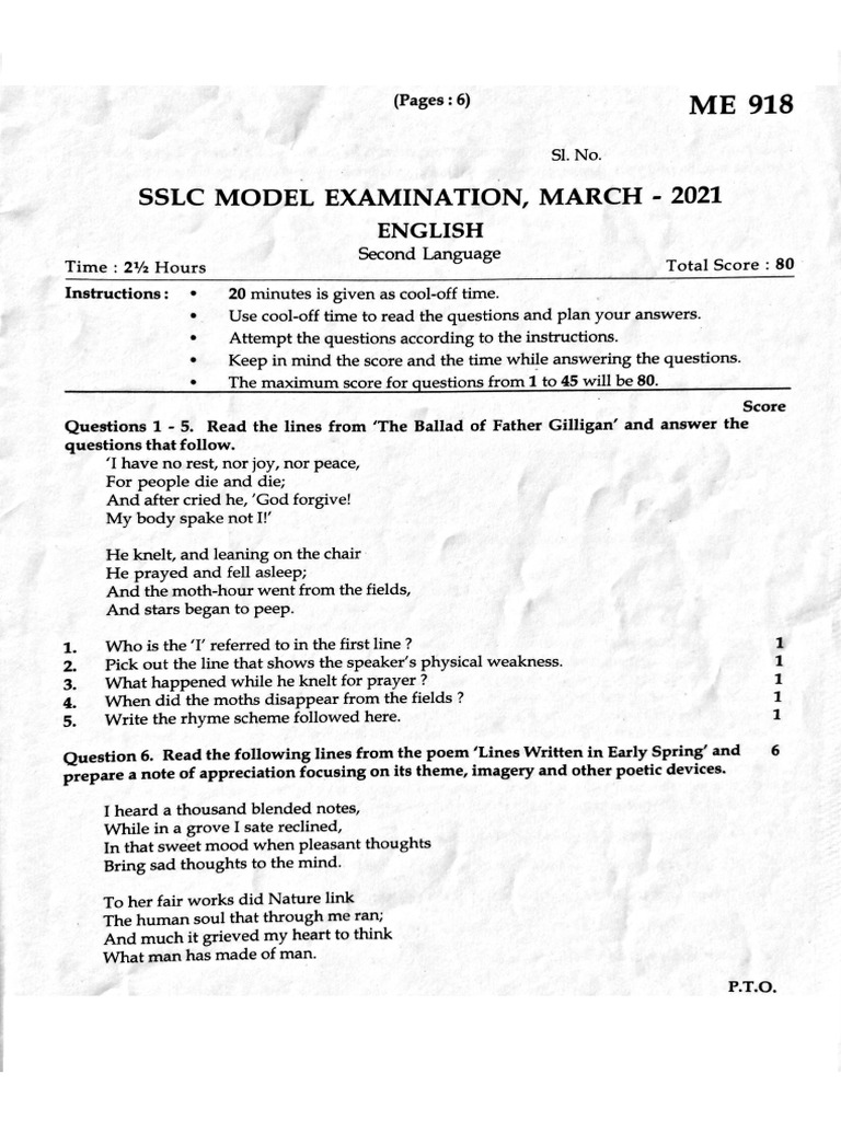 Class 10 Model Exam March 2021 QN Paper English | PDF
