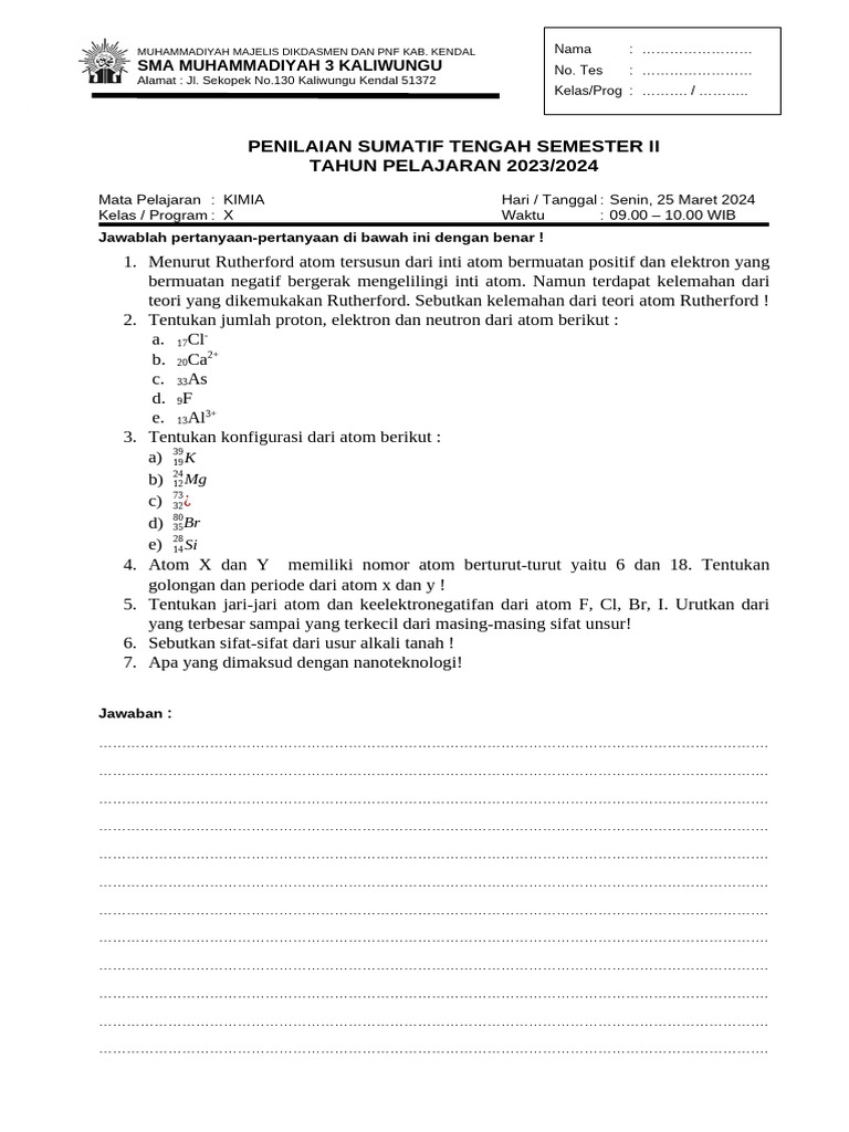 23-24 Soal PTS II - Kimia-X | PDF