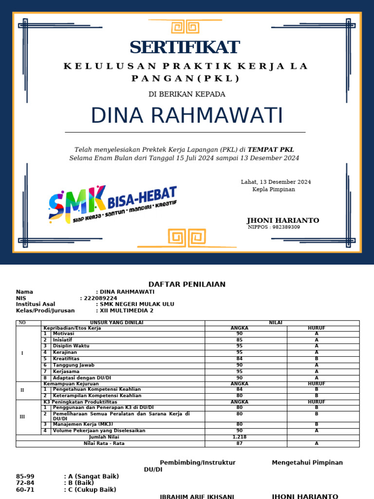 SERTIFIKAT PKL 2024 | PDF