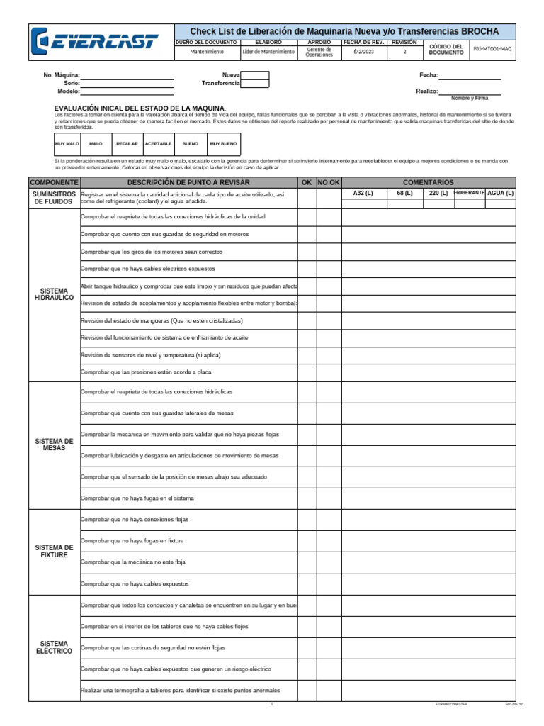 Check List Liberacion de Maquinaria Nueva Y-O Trasferencia CNC | PDF ...