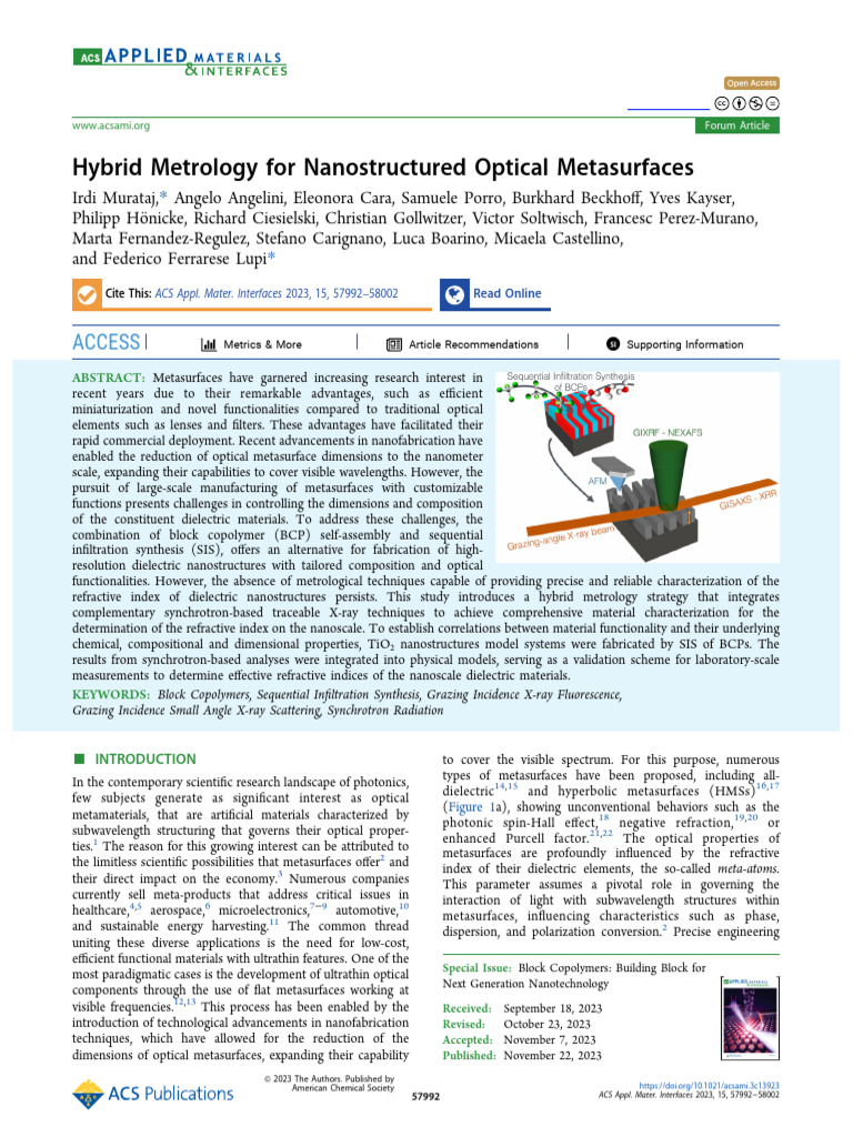 Hybrid Metrology for Optical Metasurfaces | PDF | X Ray Photoelectron ...