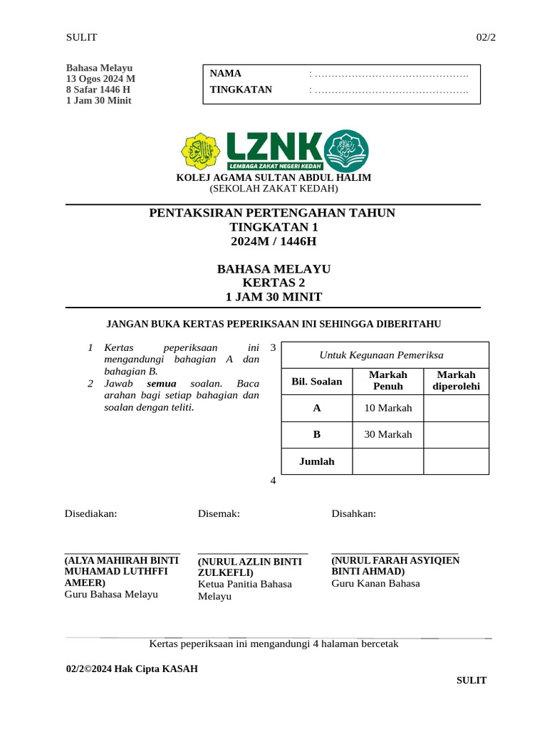BM Tingkatan 1 Kertas 2 | PDF