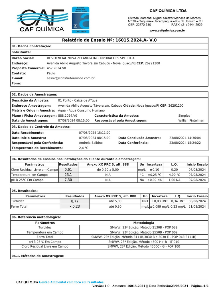 Relatório de Análise de Água 16015.2024 | PDF