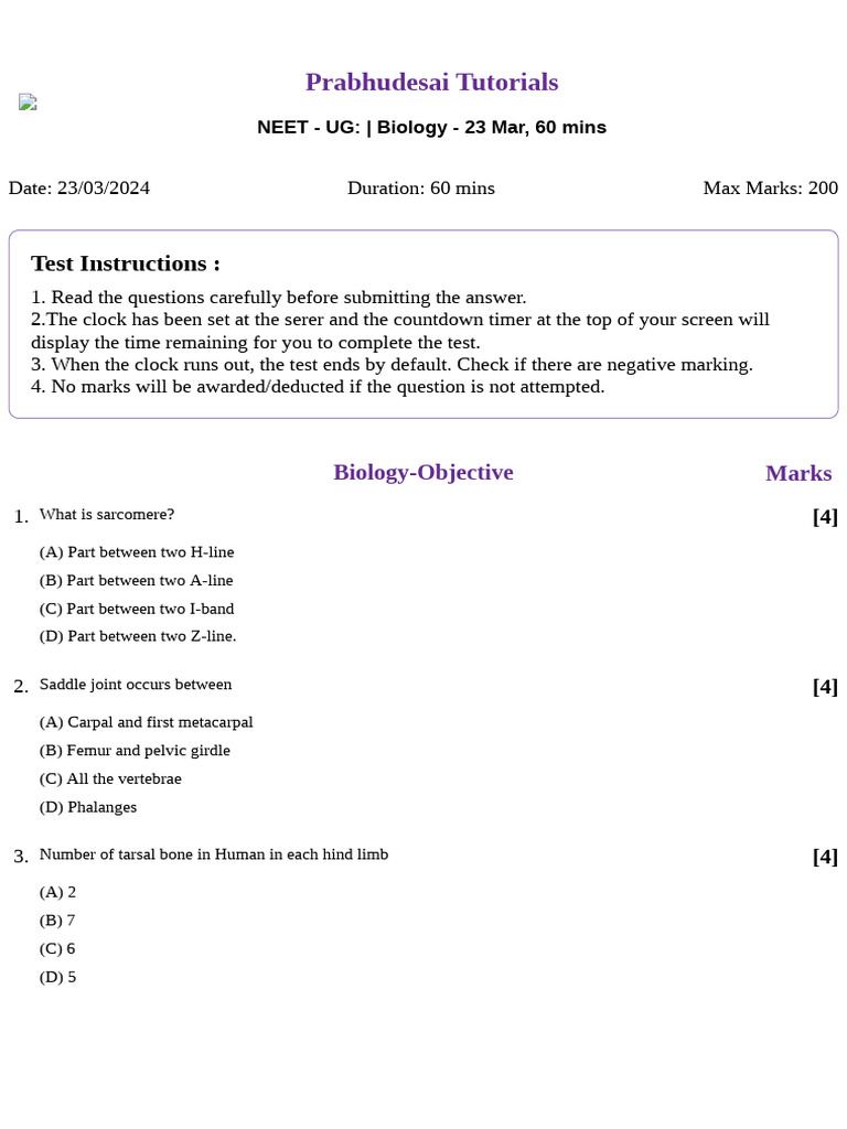 NEET Biology Practice Test | PDF | Vertebra | Muscle
