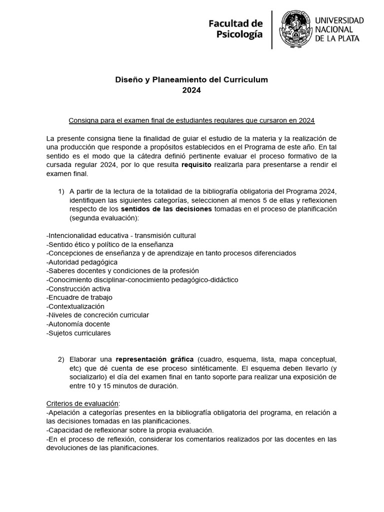 Consigna Examen Final - Regulares 2024 | PDF | Evaluación | Plan de estudios